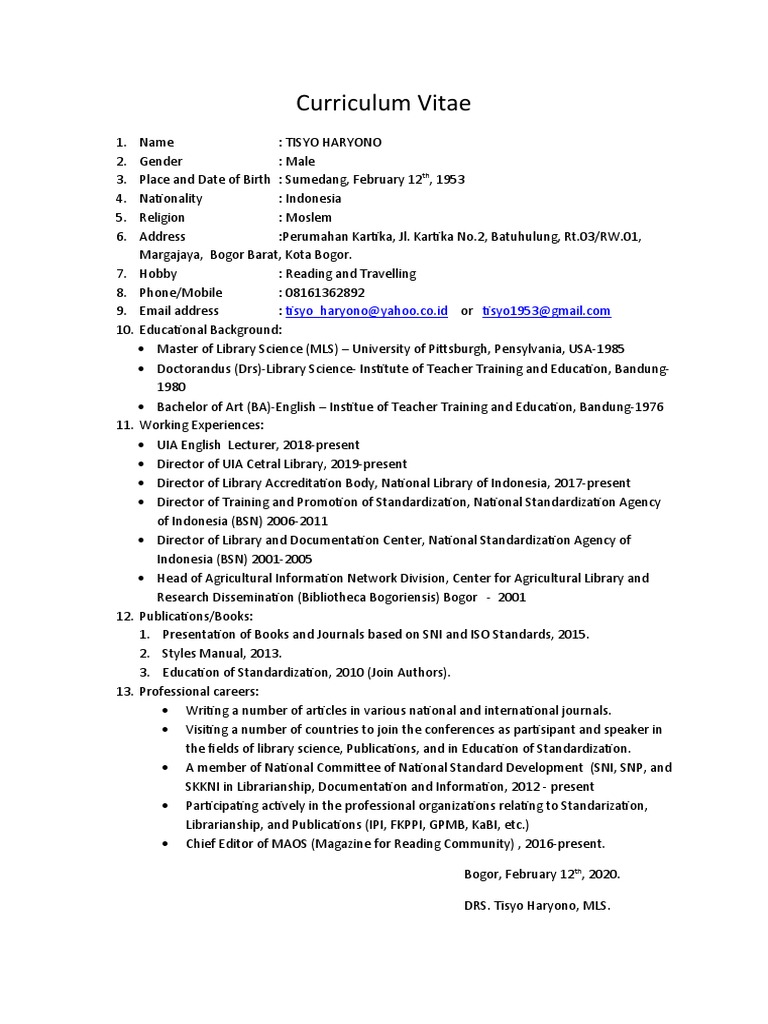 CURRICULUM VITAE-Tisyo HaryonoENGLISH | PDF | Library Science ...