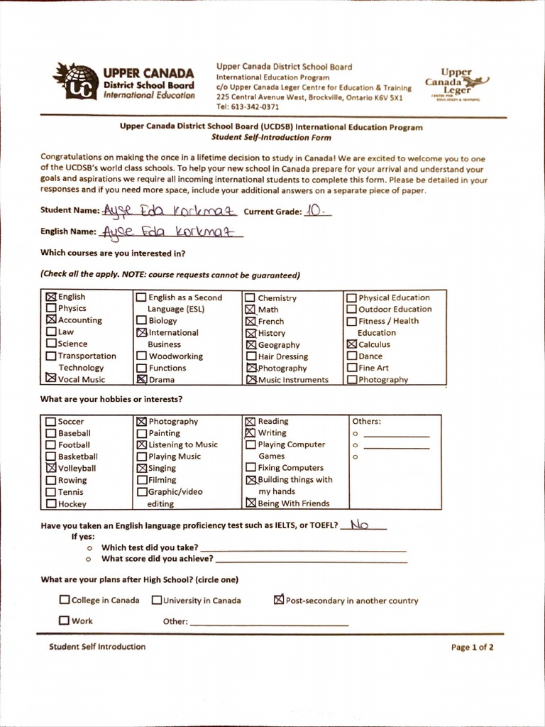 Student Self-Introduction Form | PDF