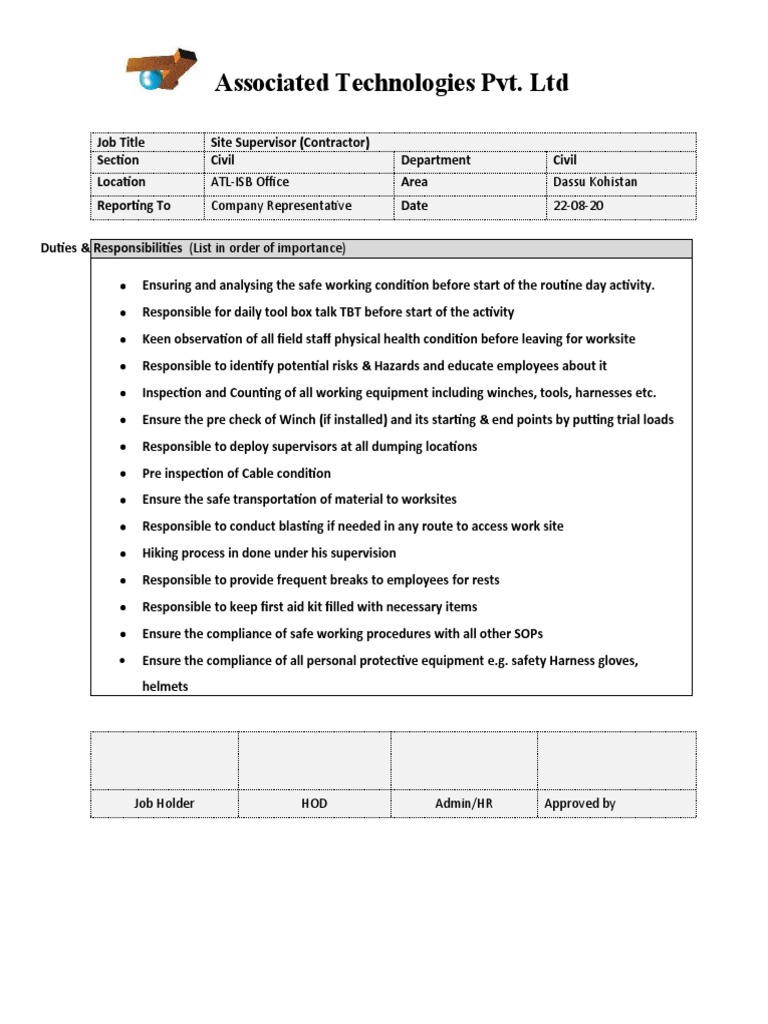 Contractor - Site Supervisor - Job Description | PDF