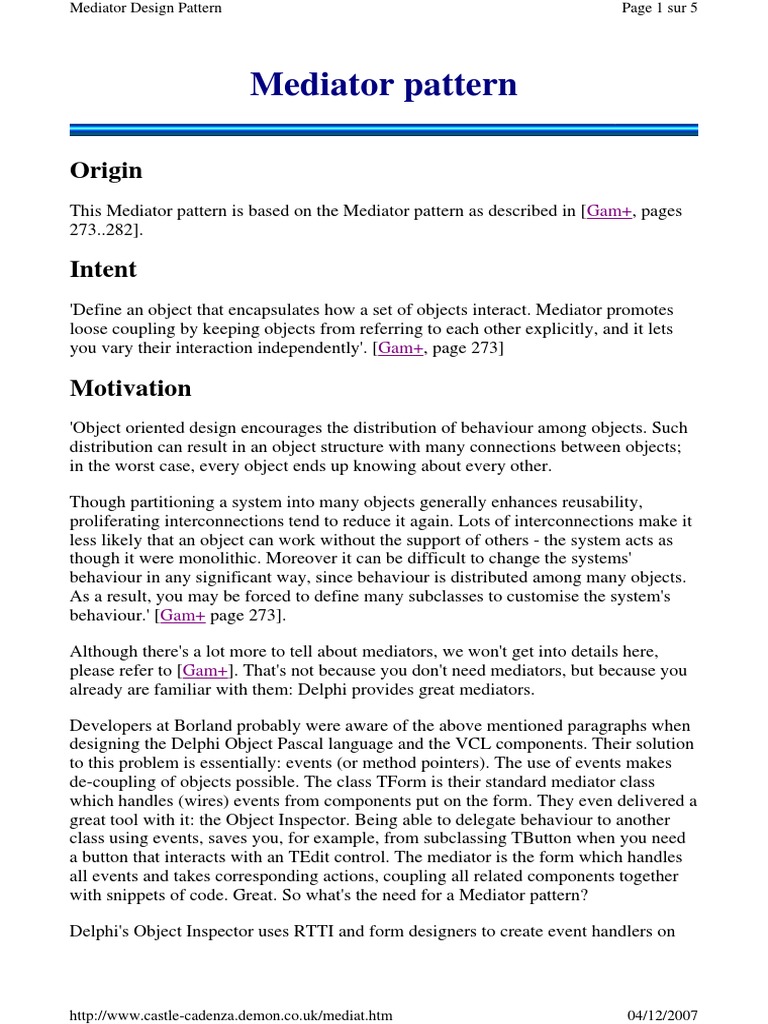 (Article) - Castle-Cadenza - Mediator Pattern | PDF | Method (Computer Programming) | Class ...