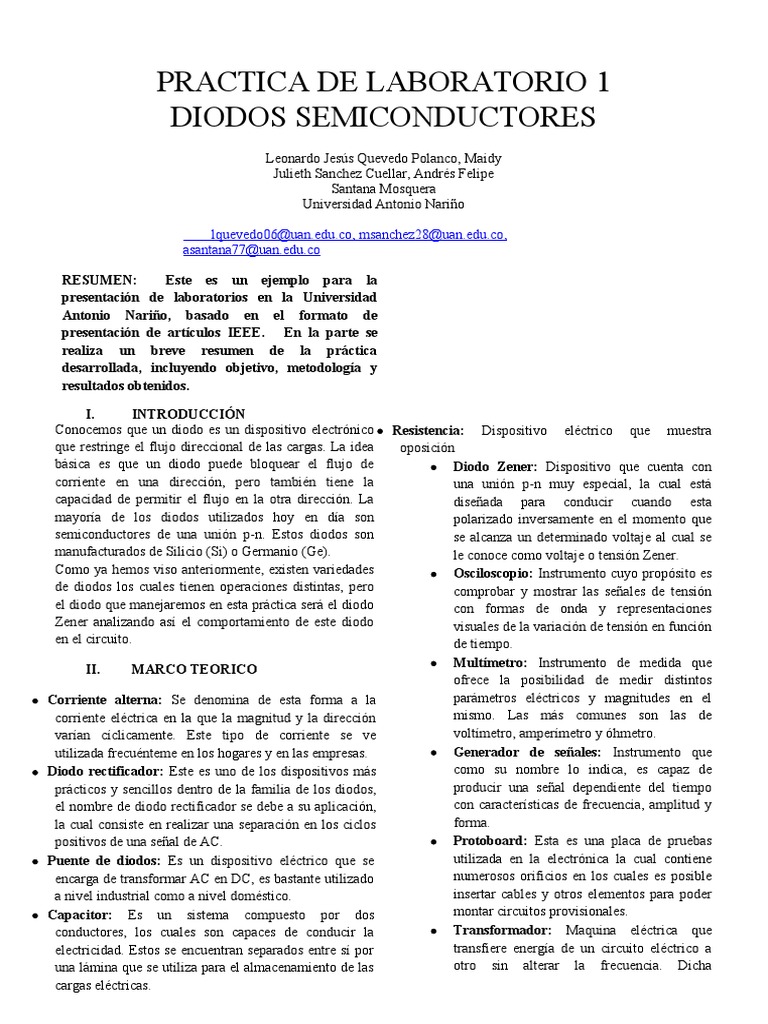 Formato IEEE para Presentacion de Labora | PDF | Diodo | Rectificador