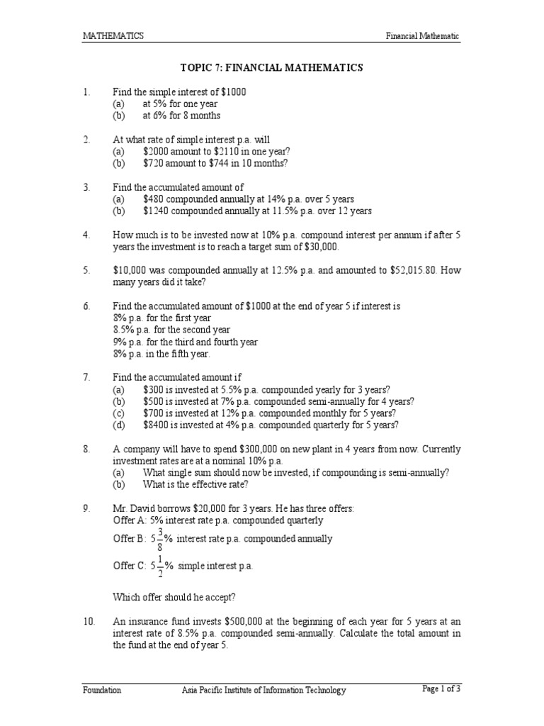 Topic 7: Financial Mathematics | PDF | Interest | Interest Rates