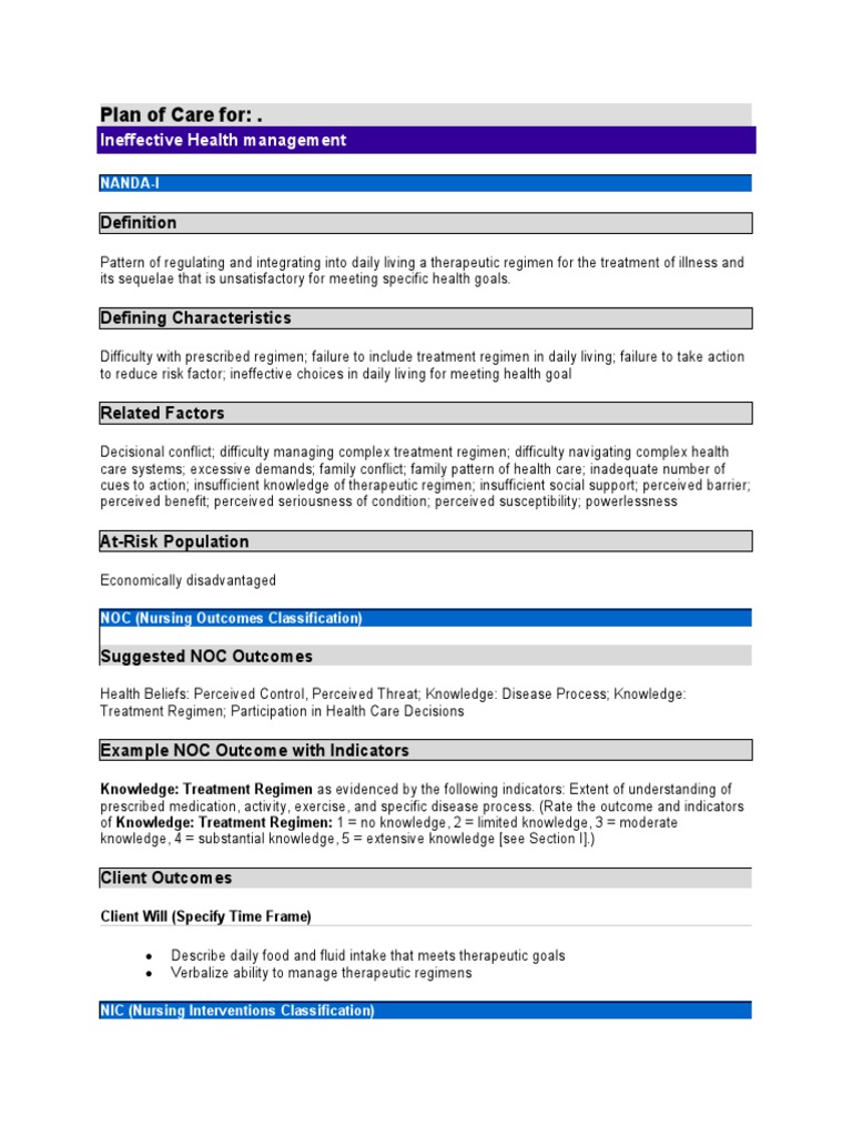 Plan of Care For: .: Ineffective Health Management | PDF | Chronic ...