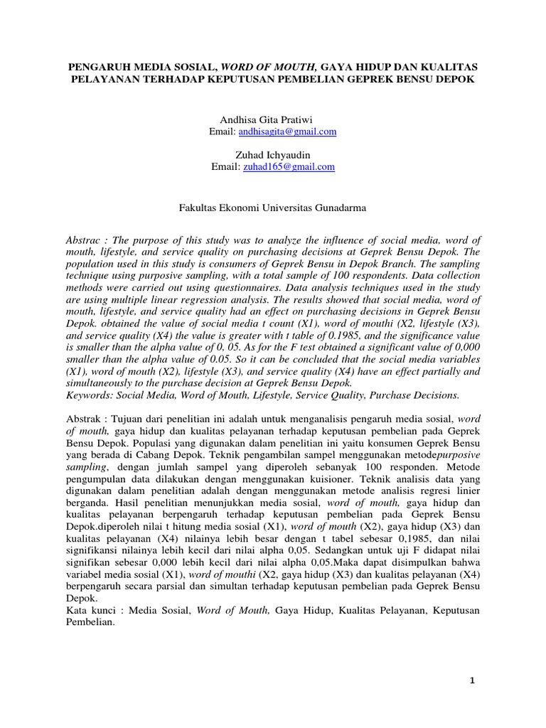 Jurnal Pengaruh Media Sosial, Word of Mouth, Gaya Hidup Dan Kualitas Pelayanan Terhadap ...