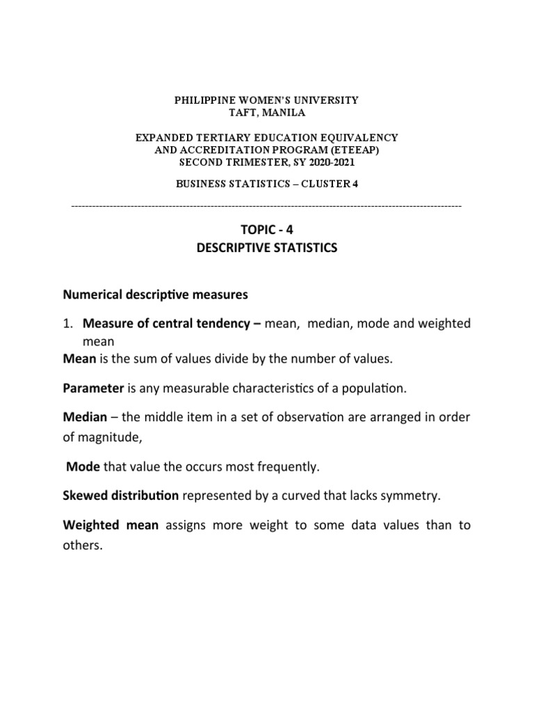 TOPIC-4 Descriptive Statistics | PDF | Mean | Median
