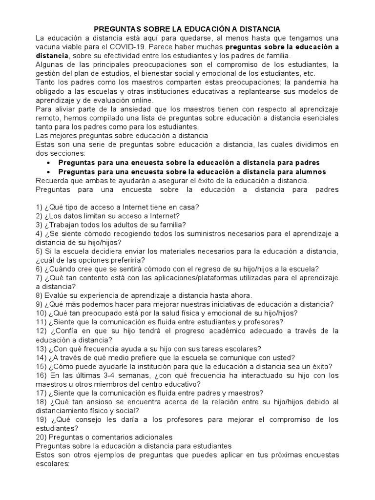 Preguntas sobre educación a distancia | PDF | Educación a distancia ...