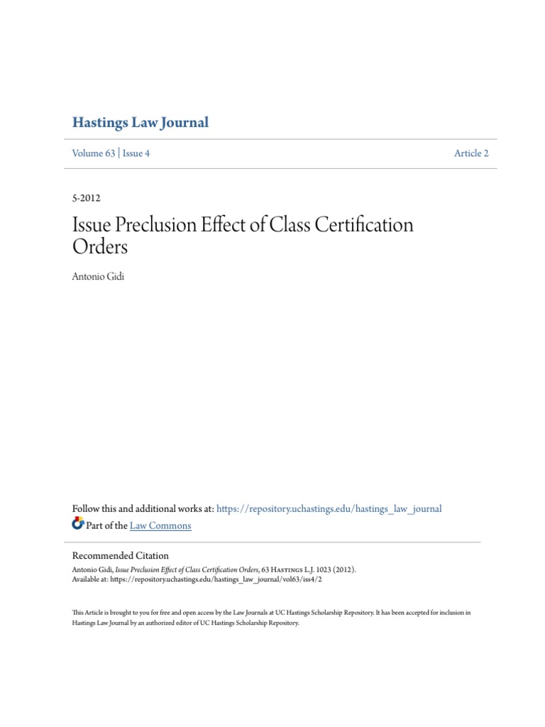 Issue Preclusion Effect of Class Certification Orders | PDF ...