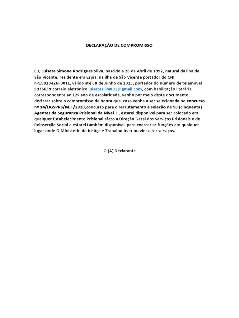 Declaração de Compromisso - Docx 2 | PDF