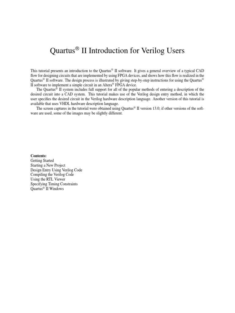 Quartus II Introduction For Verilog Users | PDF | Field Programmable ... Quartus II Introduction For Verilog Users | PDF | Field Programmable ...