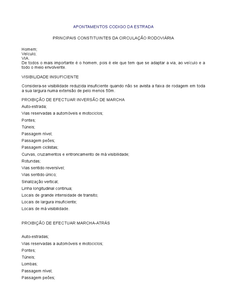 Codigo de Estrada Resumo | PDF | Tráfego | Motocicleta