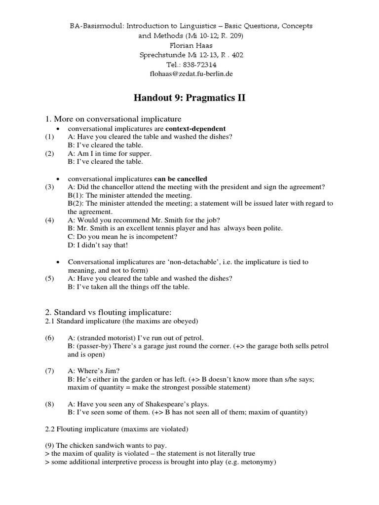 Handout 9: Pragmatics II: 1. More On Conversational Implicature | PDF ...