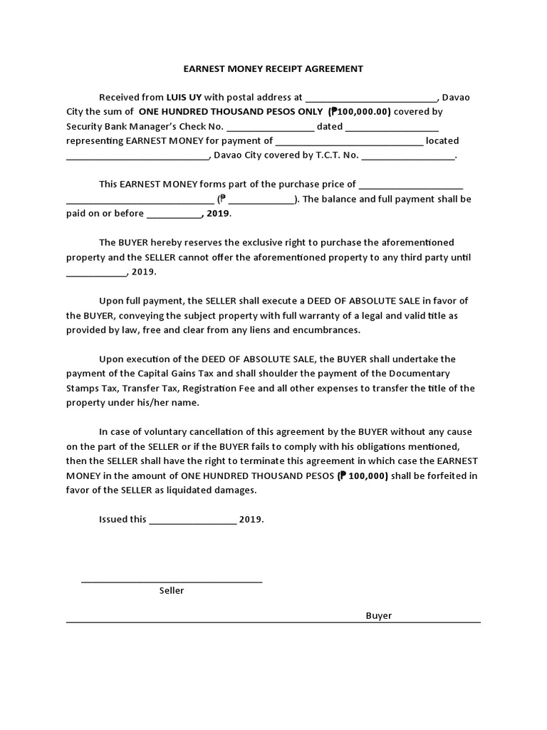 Earnest Money Receipt Agreement - Sample | PDF