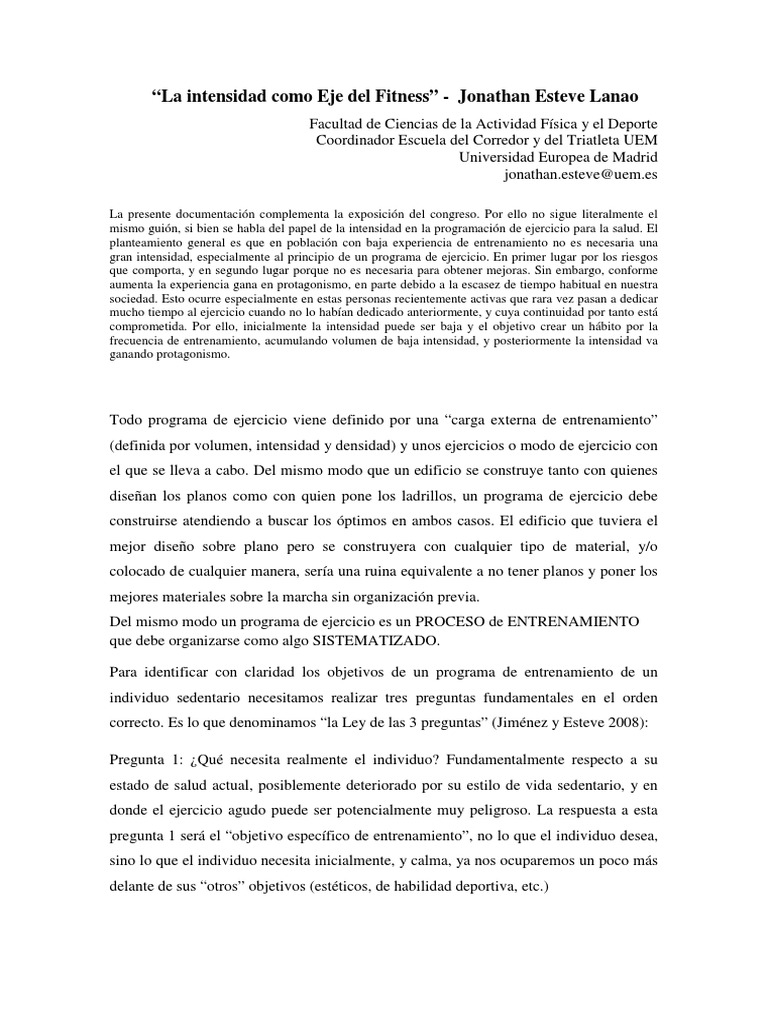 Jonathan Esteve. La Intensidad Como Eje Del Fitness | PDF ...