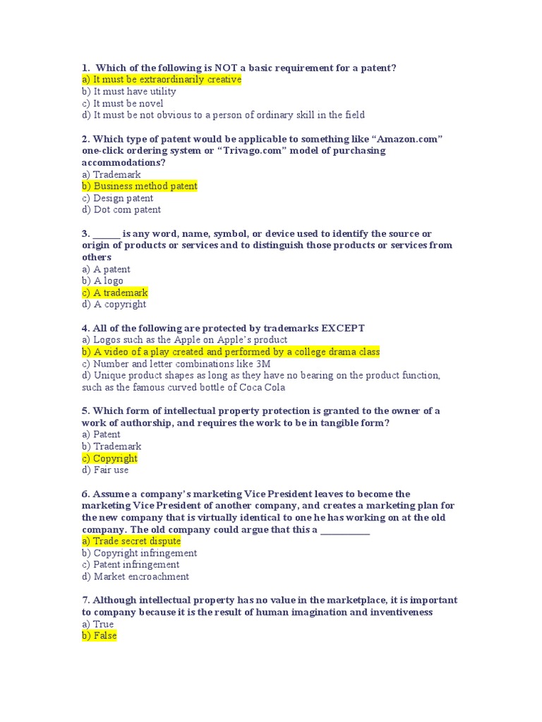 Quiz 1 | PDF | Intellectual Property | Patent