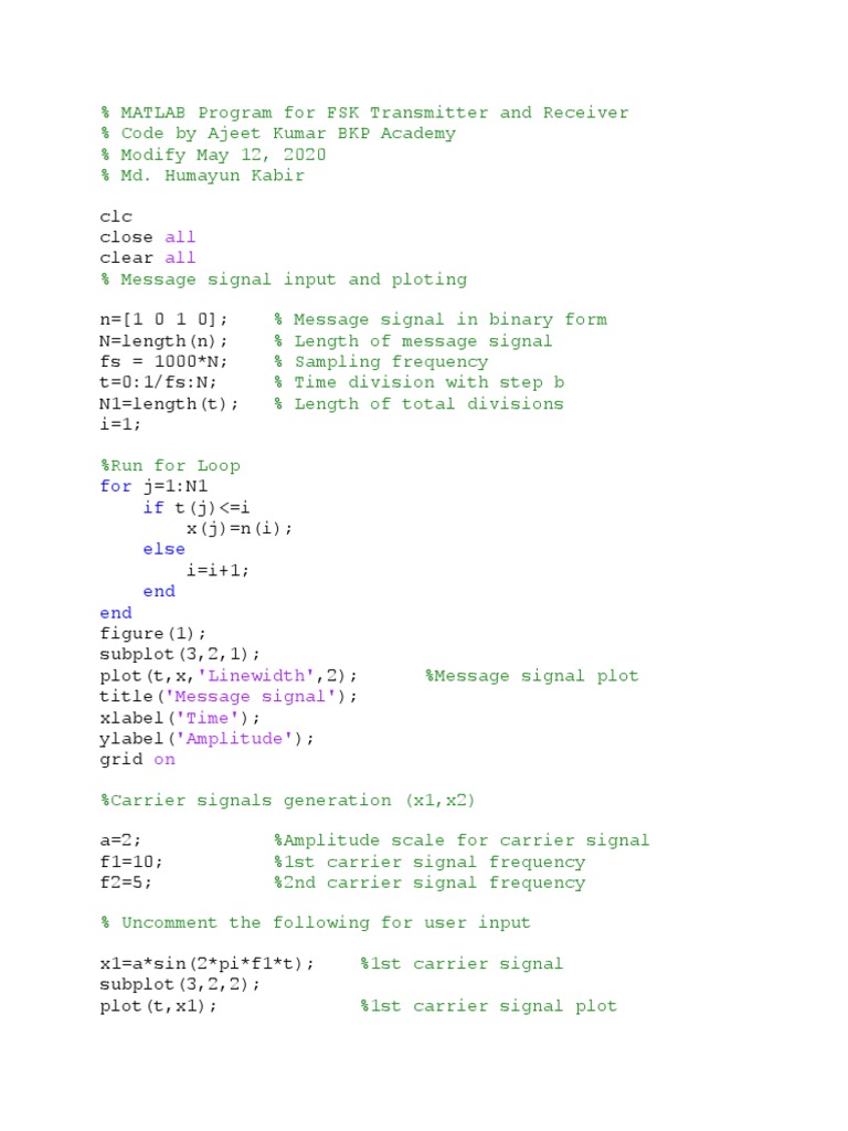 MATLAB FSK Transmitter and Receiver Code | PDF