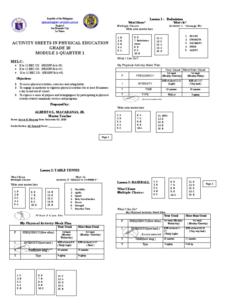 Activity Sheets in Physical Education Grade 10 Module 1-Quarter 1 ...