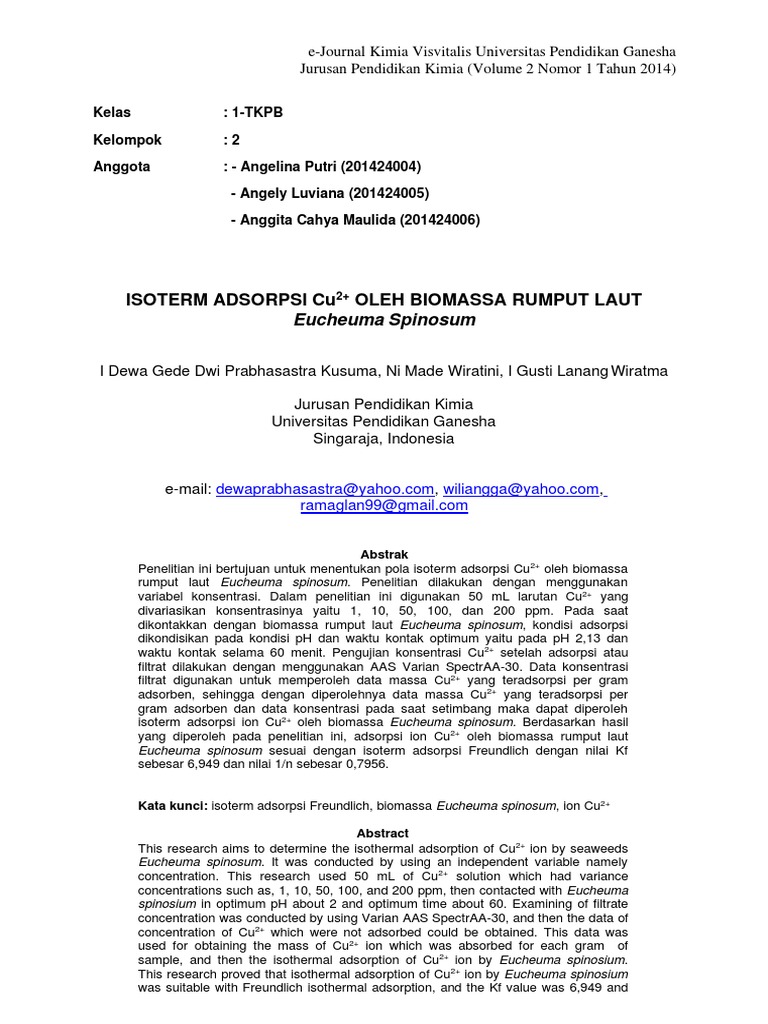 Kelompok 2 - 1TKPB - Isoterm Adsorpsi Ion Tembaga Oleh Biomassa Rumput ...