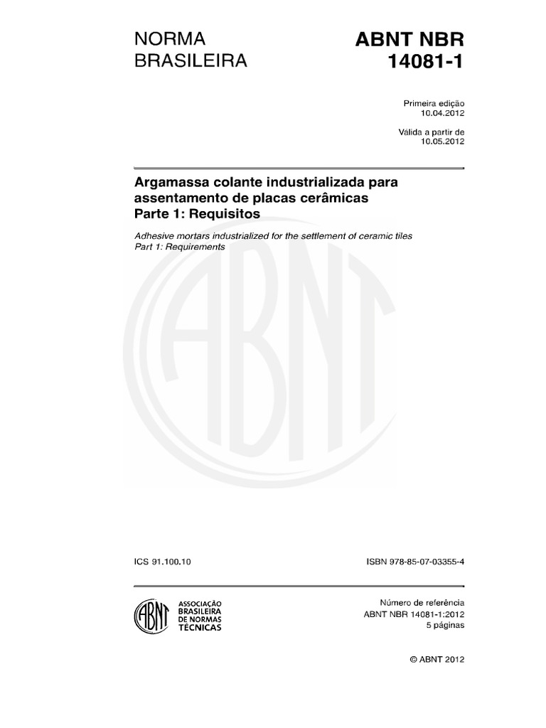 NBR 14081 1 2012 Argamassa Colante Industrializada Para Assentamento De