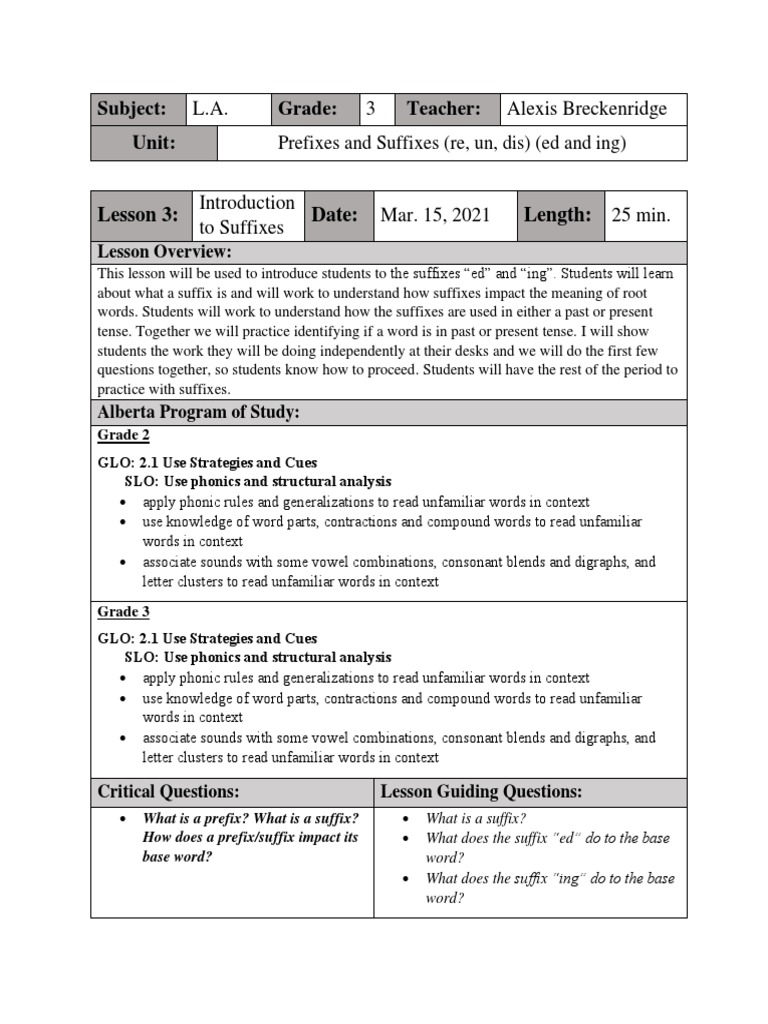 Lesson Plan 3 - Introduction To Suffixes 2 | PDF | Phonics | Learning