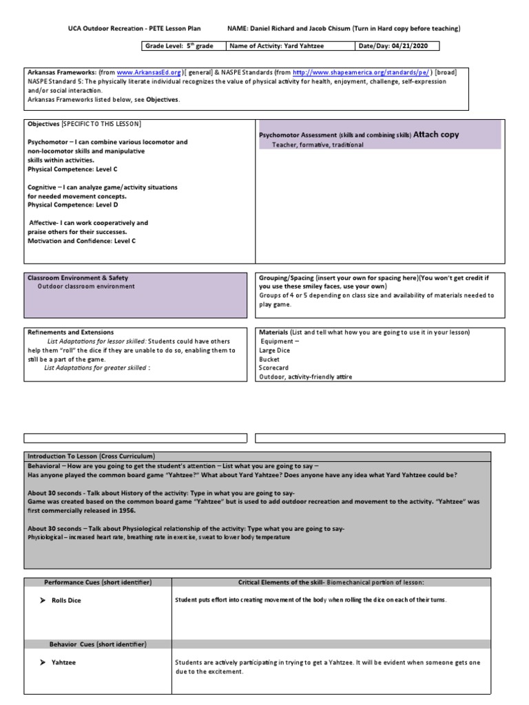 Yard Yahtzee Lesson Plan for 5th Grade | PDF | Competence (Human ...