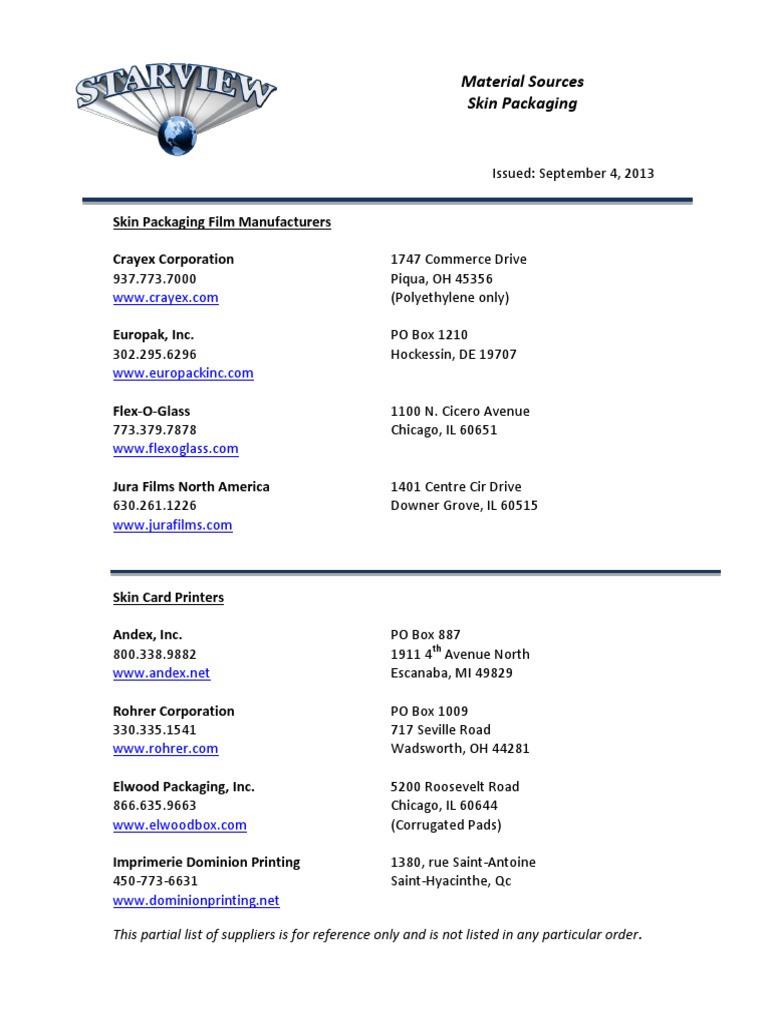 Skin Packaging Material Sources 3feb14 | PDF
