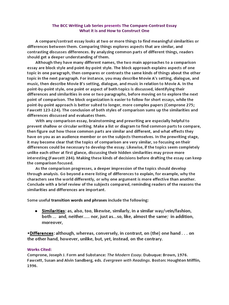 The BCC Writing Lab Series: The Compare-Contrast Essay What It Is and ...