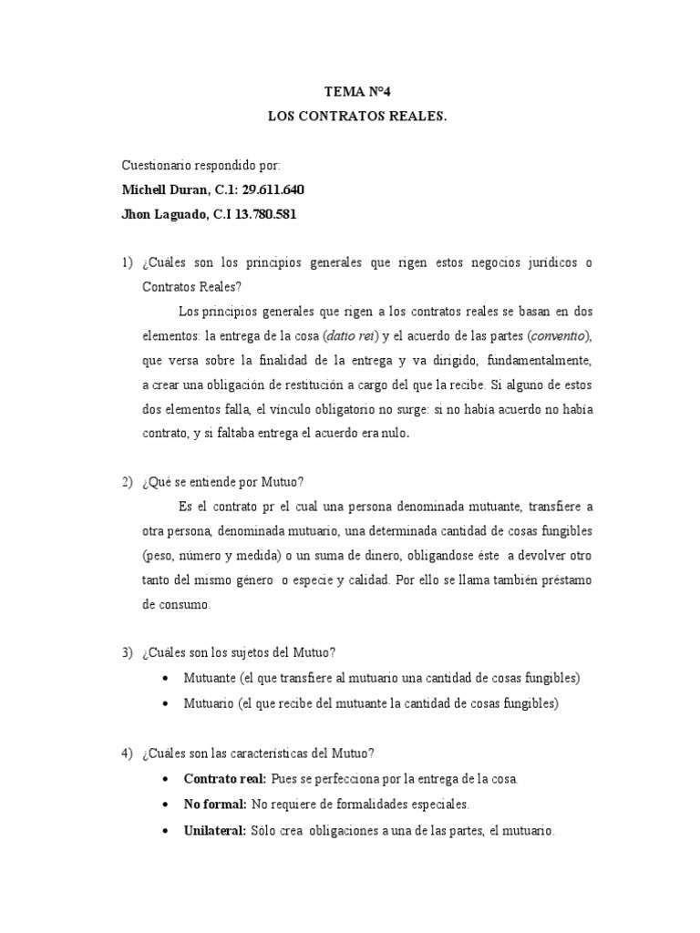 Tema 4 Los Contratos Reales | PDF | Derecho contractual | Derecho ...