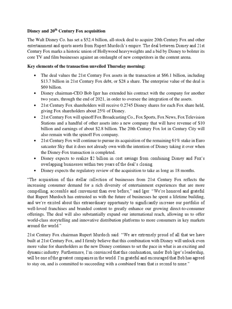 Disney's $52.4B Fox Acquisition Details | PDF | 21st Century Fox | Fox ...