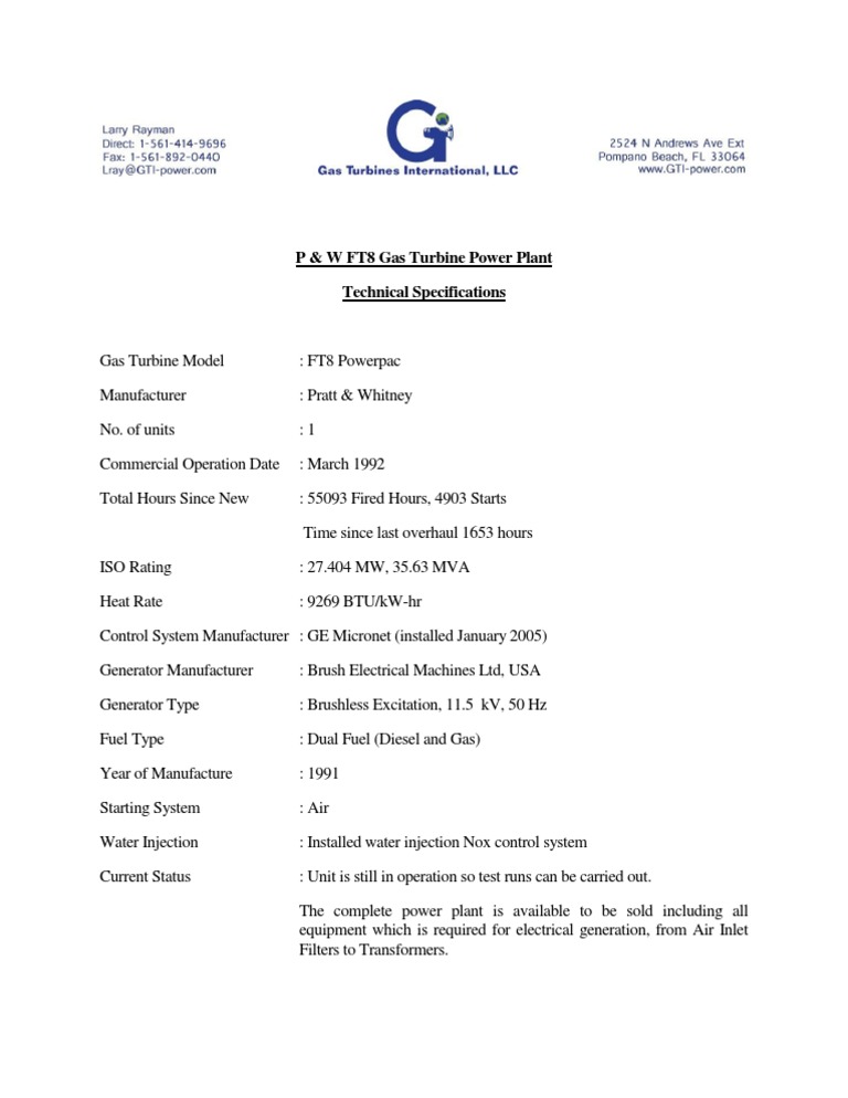 FT8 Gas Turbine Power Plant Specs | PDF