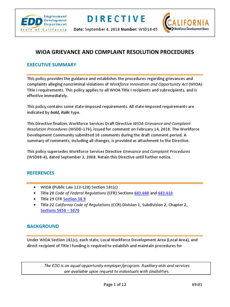 Wioa Grievance and Complaint Resolution Procedures | PDF | Complaint | Appeal