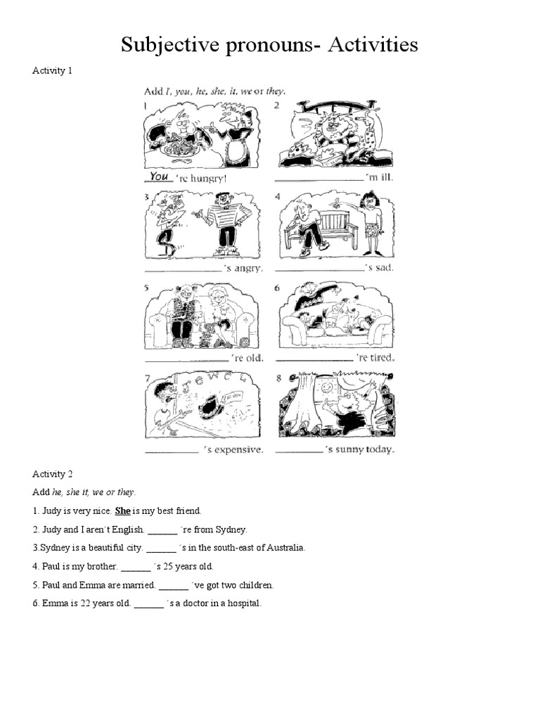 Subjective Pronouns Practice Activities | PDF