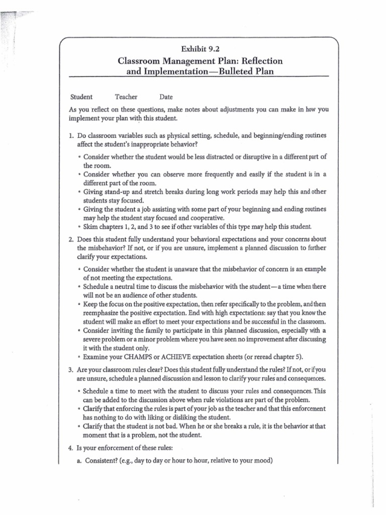 Classroom Management Reflection Plan | PDF | Classroom Management ...