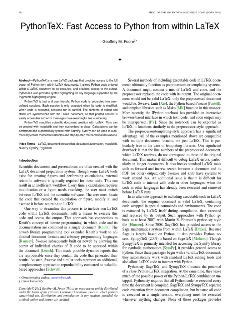 Pythontex Fast Access To Python From Within Latex Xie Pastell Mk Pdf Python Programming