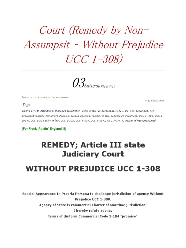 Non-Assumpsit Remedy Under UCC 1-308 | PDF | Article One Of The United ...