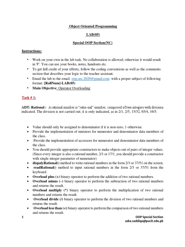 Object Oriented Programming LAB (05) Special OOP Section (NC) Instructions | Download Free PDF ...