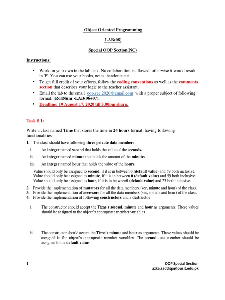 Object Oriented Programming LAB (08) Special OOP Section (NC) Instructions | PDF | Constructor ...