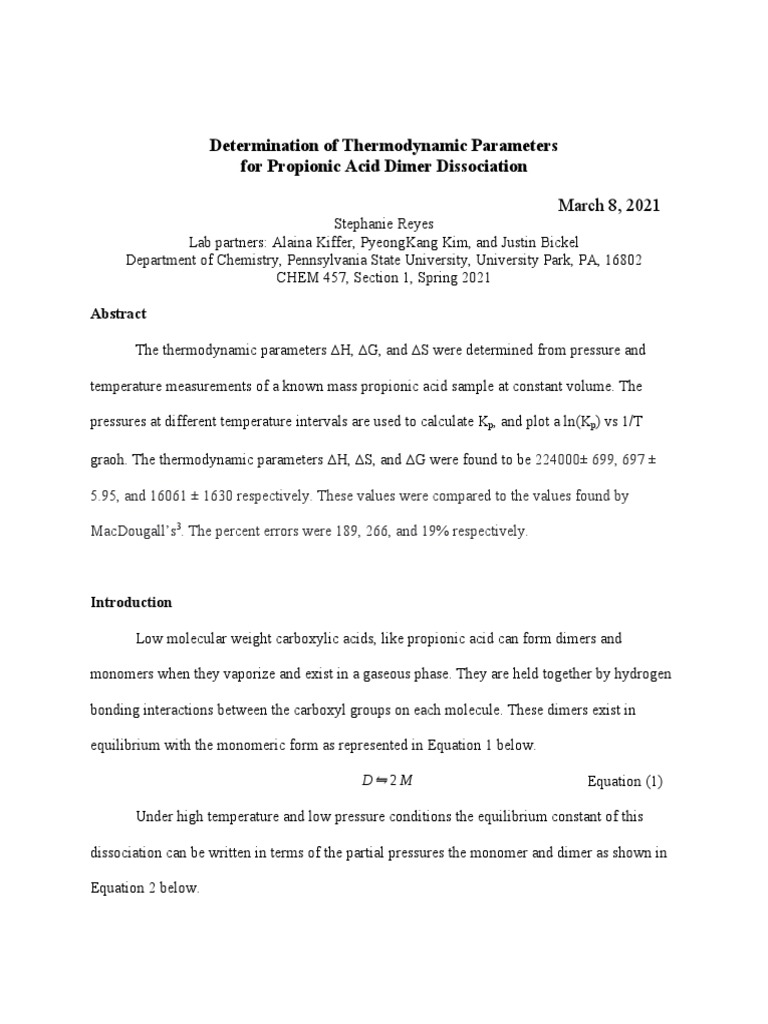Determination of Thermodynamic Parameters For Propionic Acid Dimer ...