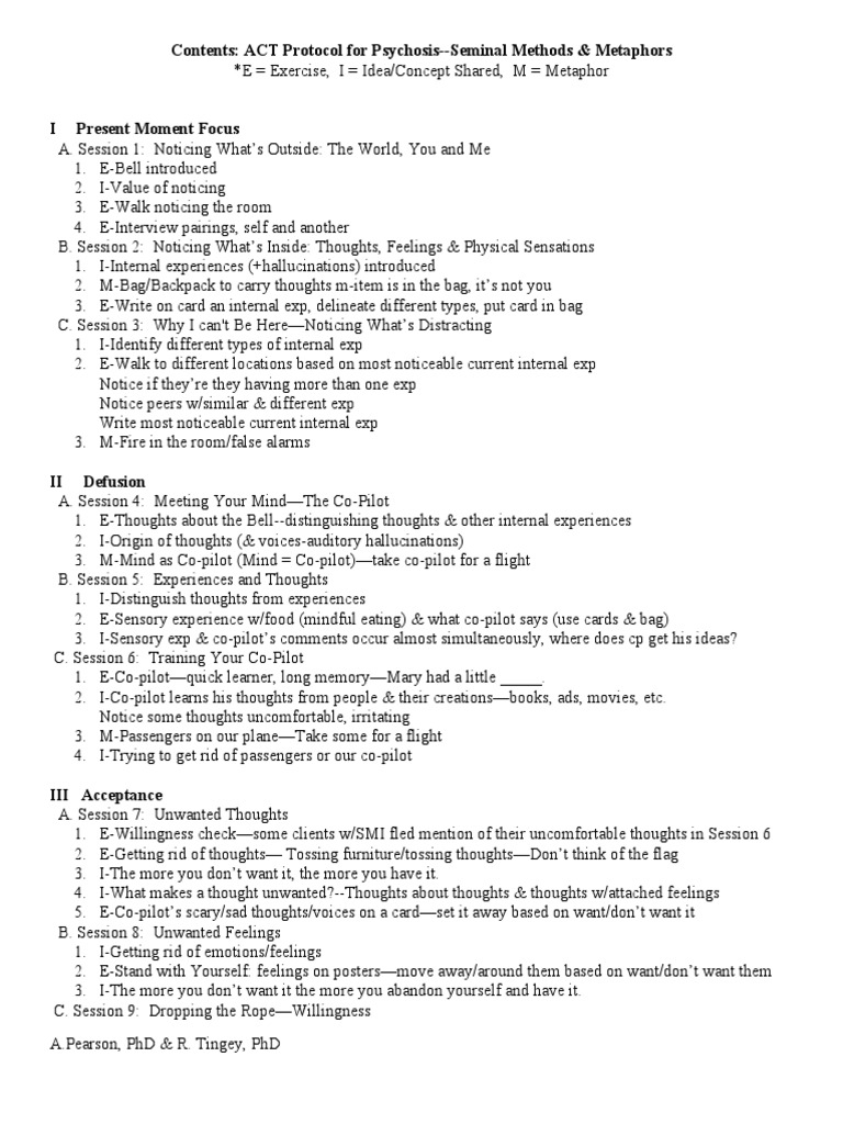 ACT For Psychosis Protocol Accompanying Homework and in Session Tools ...