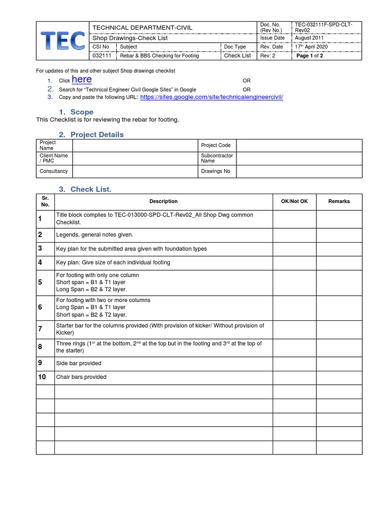 TEC-032111F-SPD-CLT-Rev02 - Rebar Footing Shop Drawing Checklist-70 ...