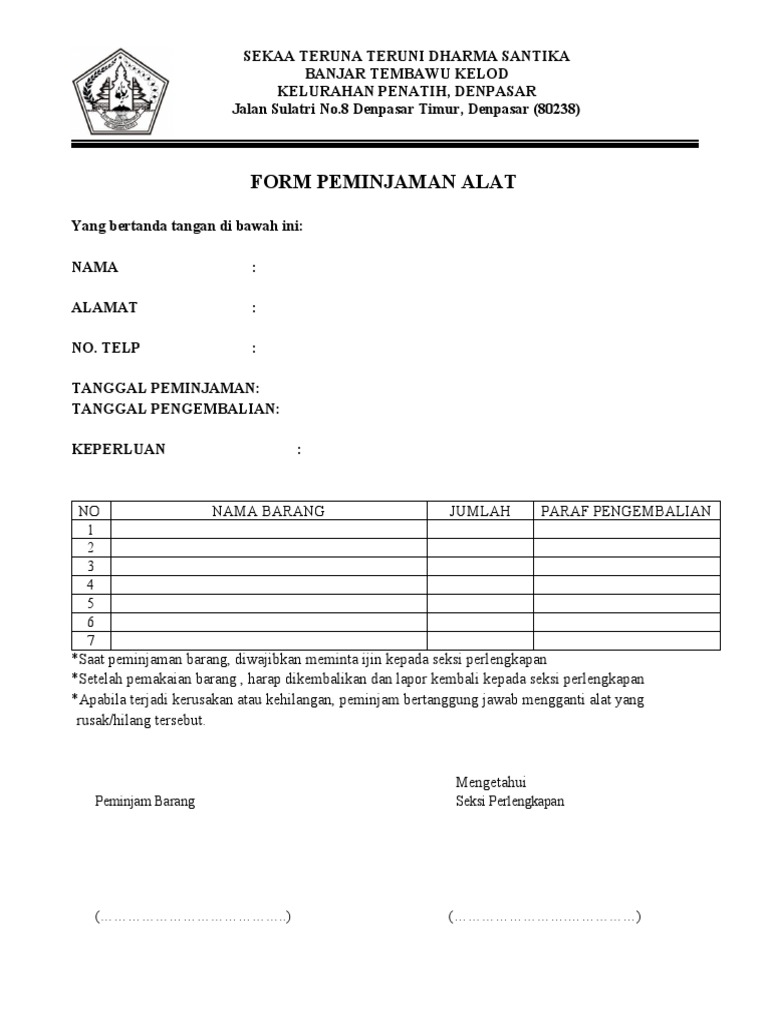 Form Peminjaman Alat Sekaa Teruna Teruni Dharma Santika | PDF