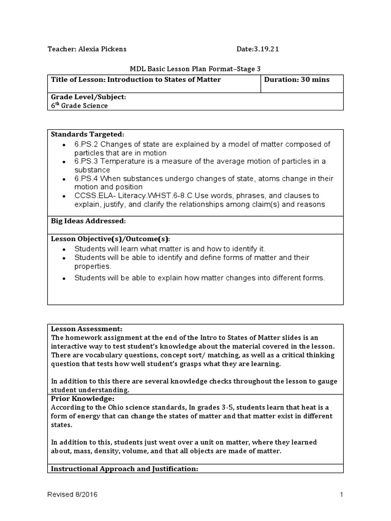 Intro to States of Matter Lesson Plan | PDF | Matter | Lesson Plan