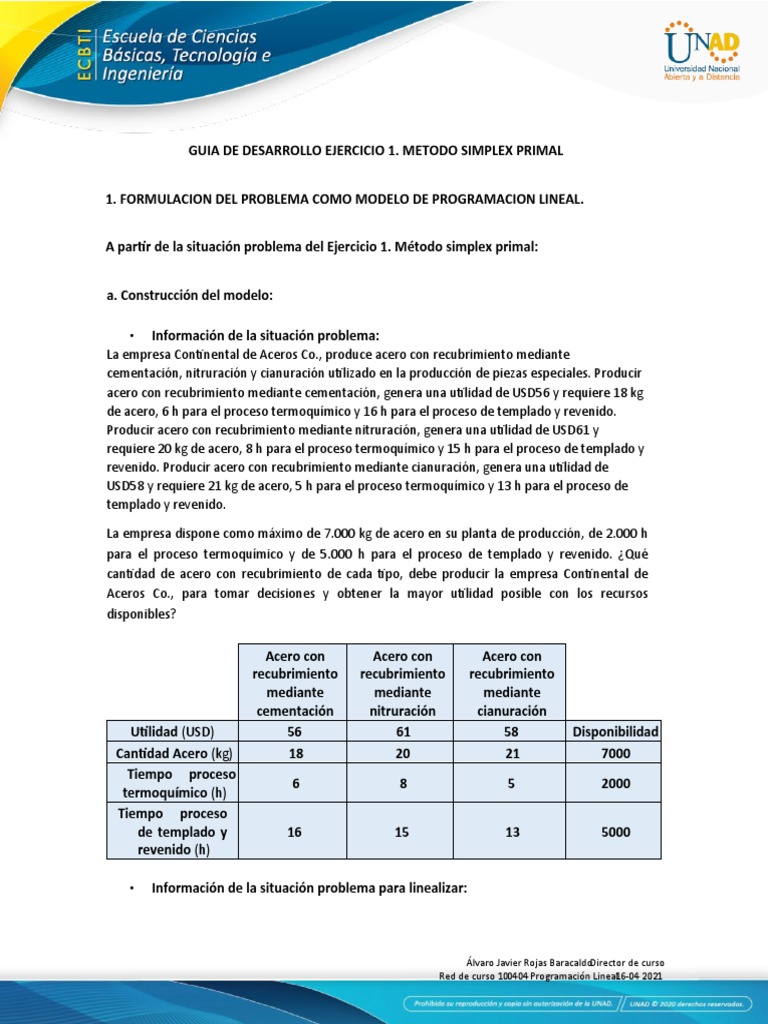 Ejercicio 1 Metodo Simplex Primal Tarea 2 - Angela Yurani - Vargas (16-01) 2021 | PDF ...