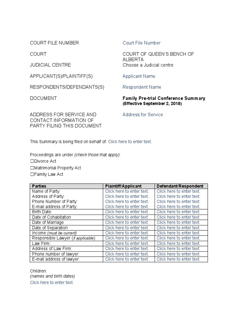 Family Pre-Trial Conference Summary | PDF | Trials | Child Support