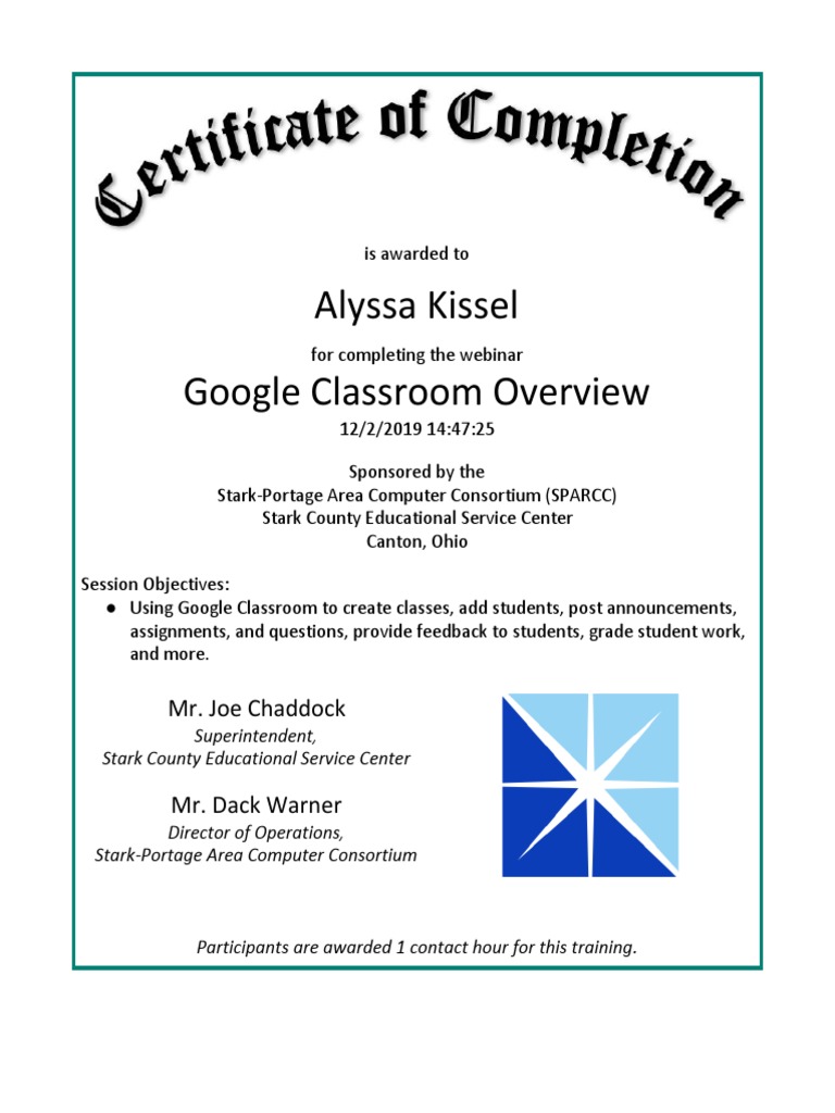 Certificate - Google Classroom Overview - Alyssa Kissel - 12022019 1 ...