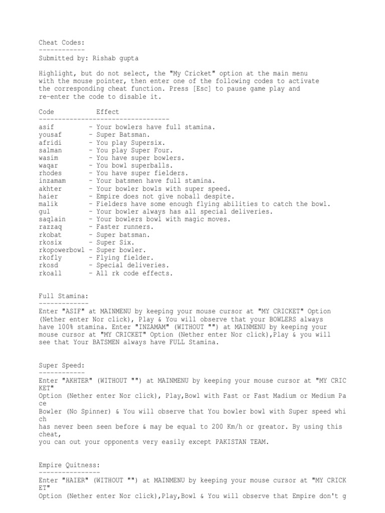 CRICKET 2007 Cheat | PDF | Bowling (Cricket) | Ball And Bat Games