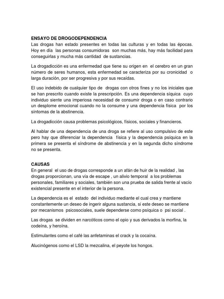 Ensayo sobre drogadicción y sus causas | PDF | La dependencia de sustancias | Drogas