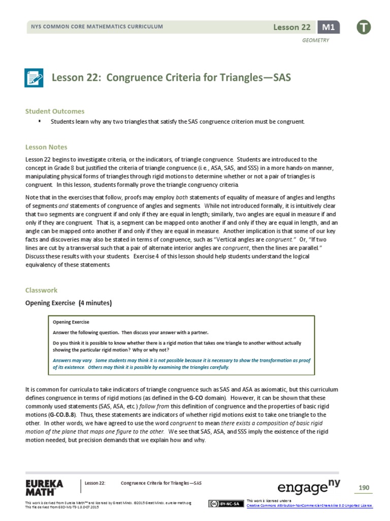 Lesson 22: Congruence Criteria For Triangles-SAS: Student Outcomes ...