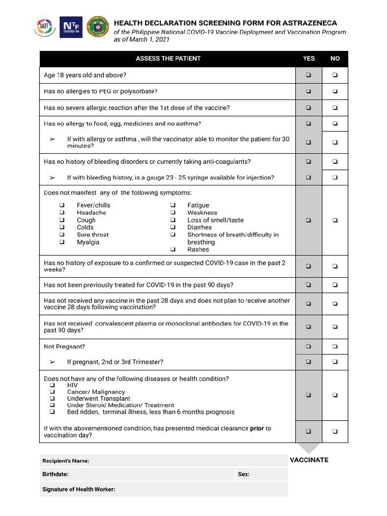Astrazeneca Health Declaration Screening Form | PDF