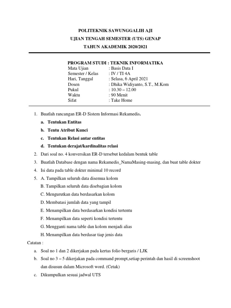 Soal UTS BASIS DATA I TI4A 2020-2021 | PDF