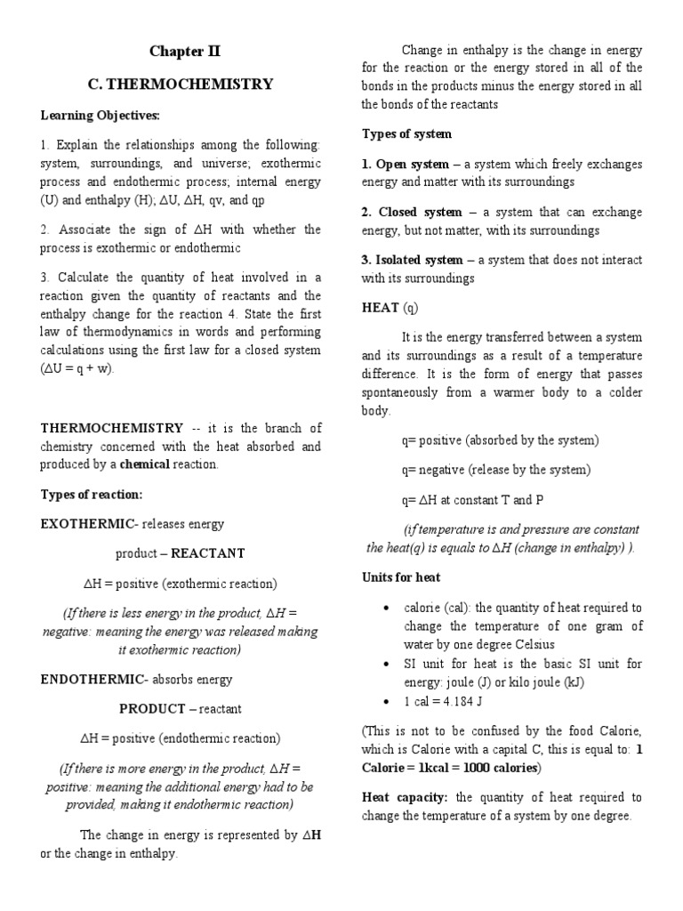 Chapter II - THERMOCHEMISTRY (Handout) | PDF | Calorie | Heat
